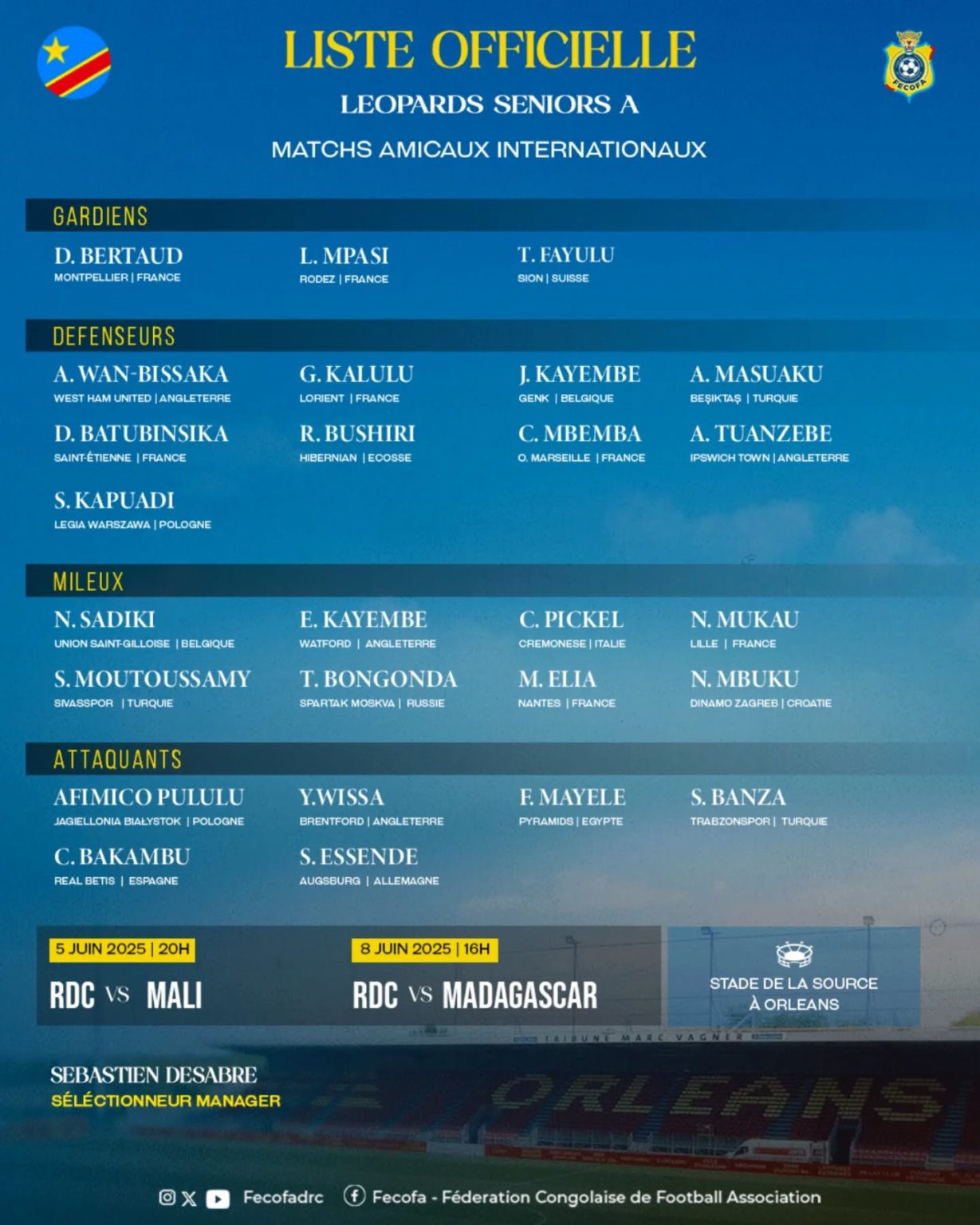 Billetterie : RDC-Mali et RDC-Madagascar au Stade de la Source – US ...